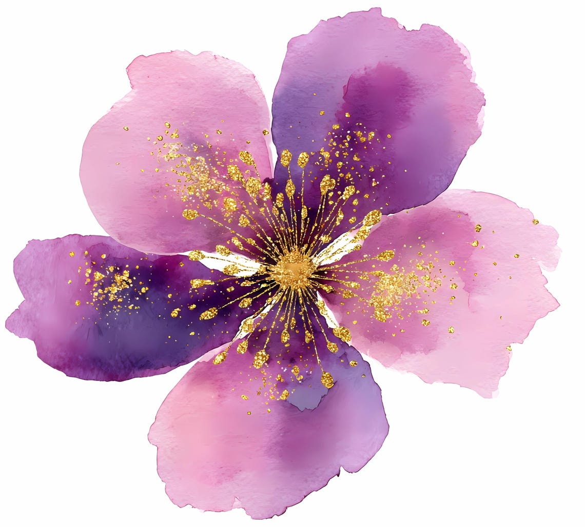 Purple Watercolor Flower Clipart: Gold Glitter Floral PNG JPG Bundle - Etsy