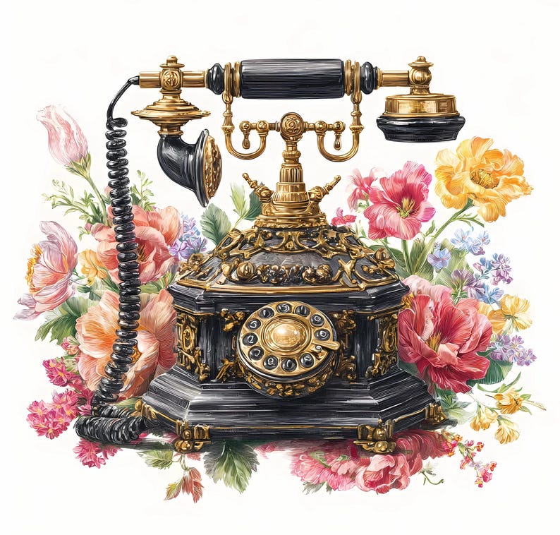 Vintage Telephone and Floral Clipart Bundle Set of 15, Retro Phone ...