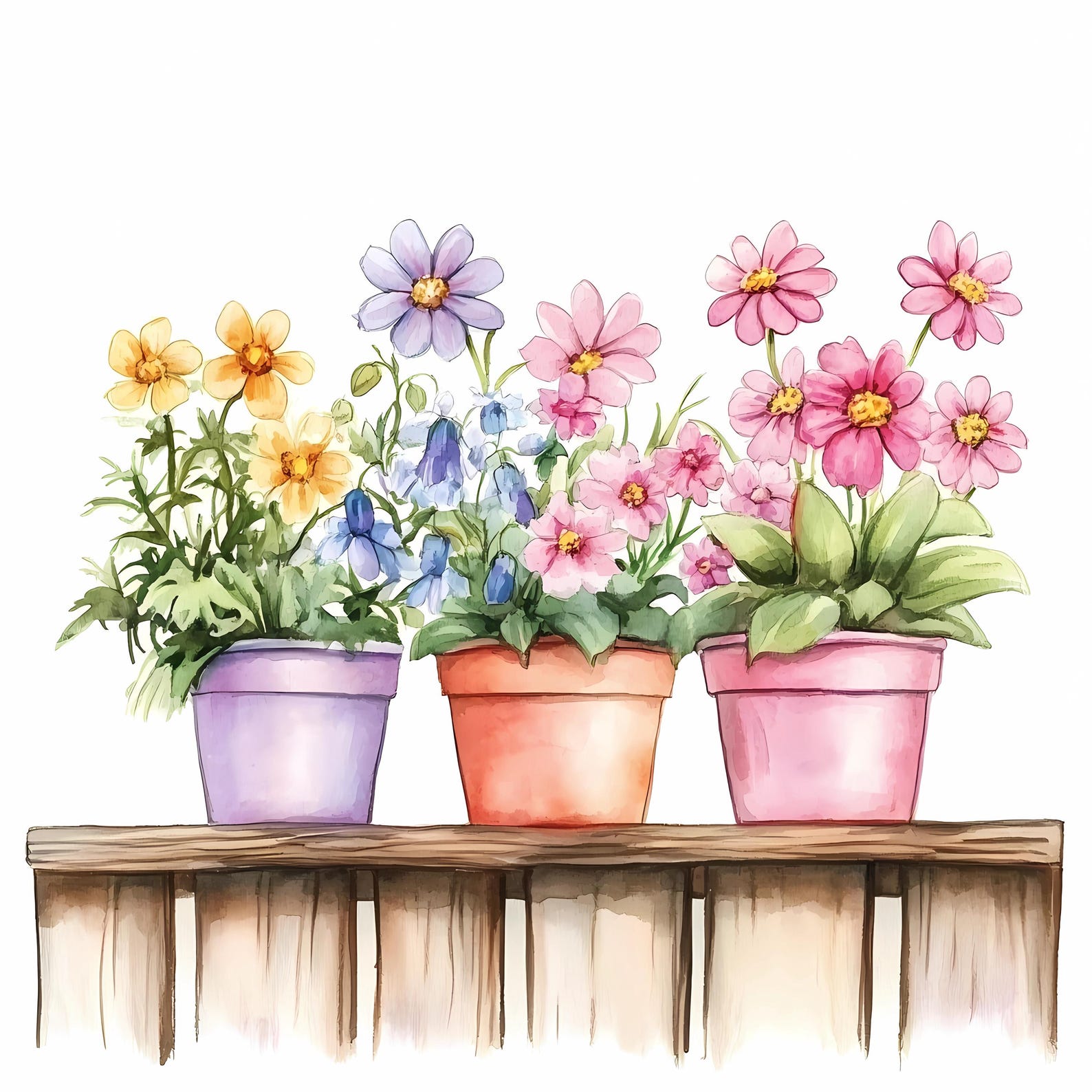Watercolor Flowerpot Clipart Bundle: Spring Blooms PNG JPG (commercial ...
