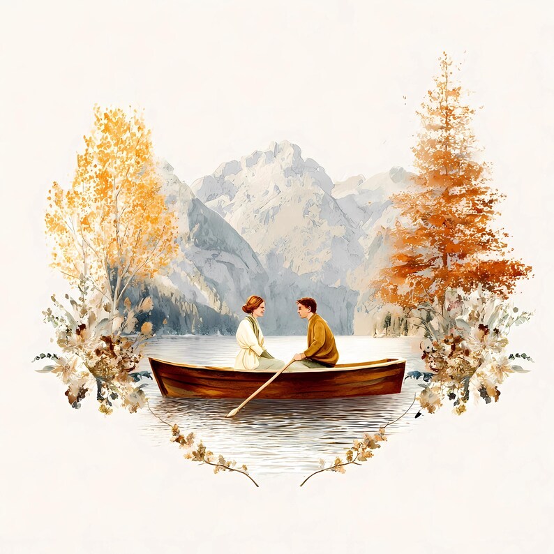 Romantic Couple Boat Lake Watercolor Art Bundle, Digital Download - Etsy