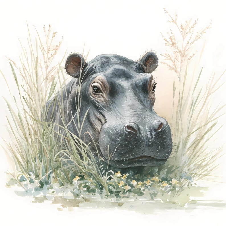 Watercolor Hippo Art Prints,nursery Wall Decor, Digital Download ...