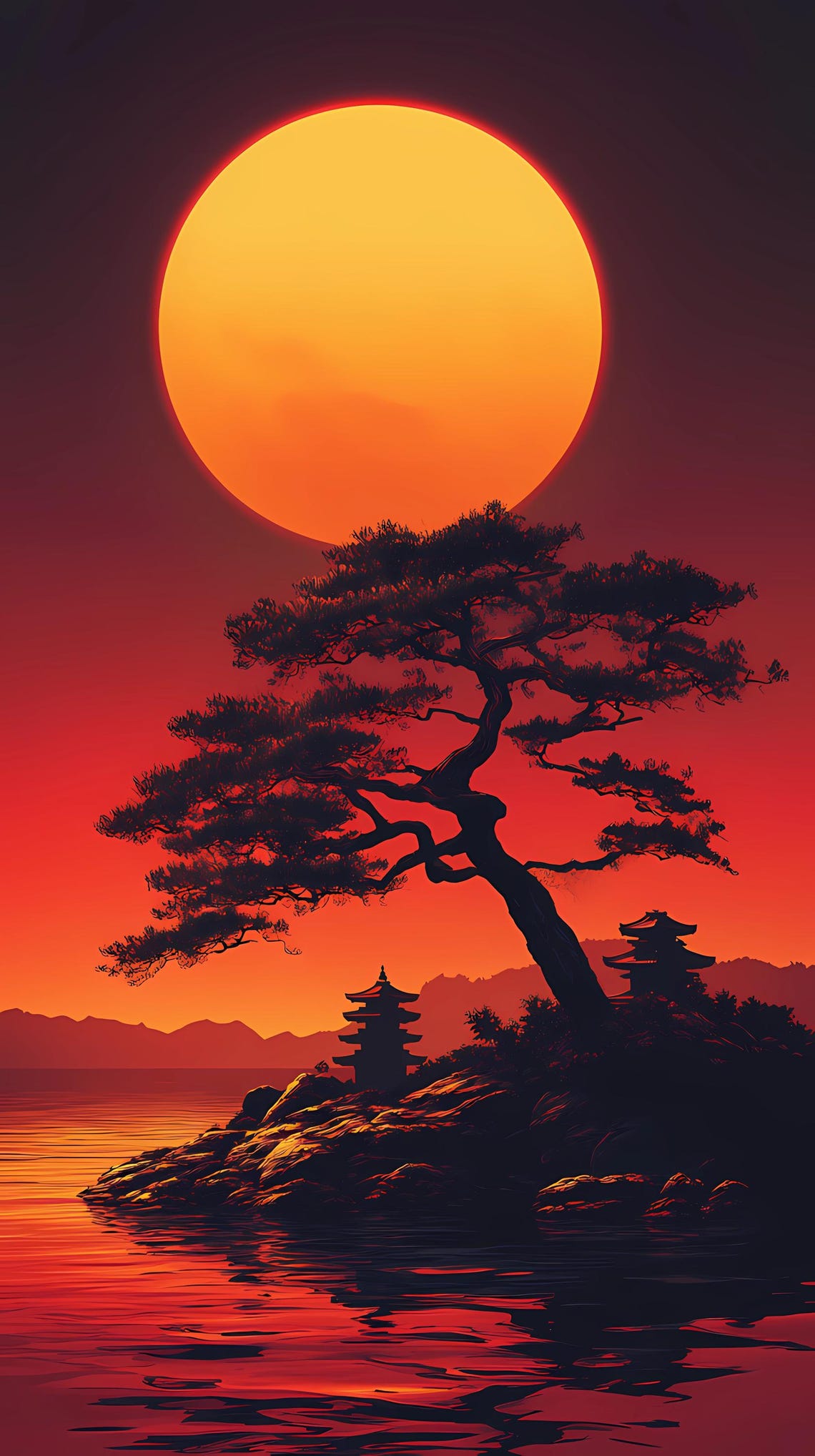 Red Sun Chinese Landscape Clipart: Watercolor Asia Lake PNG Files ...