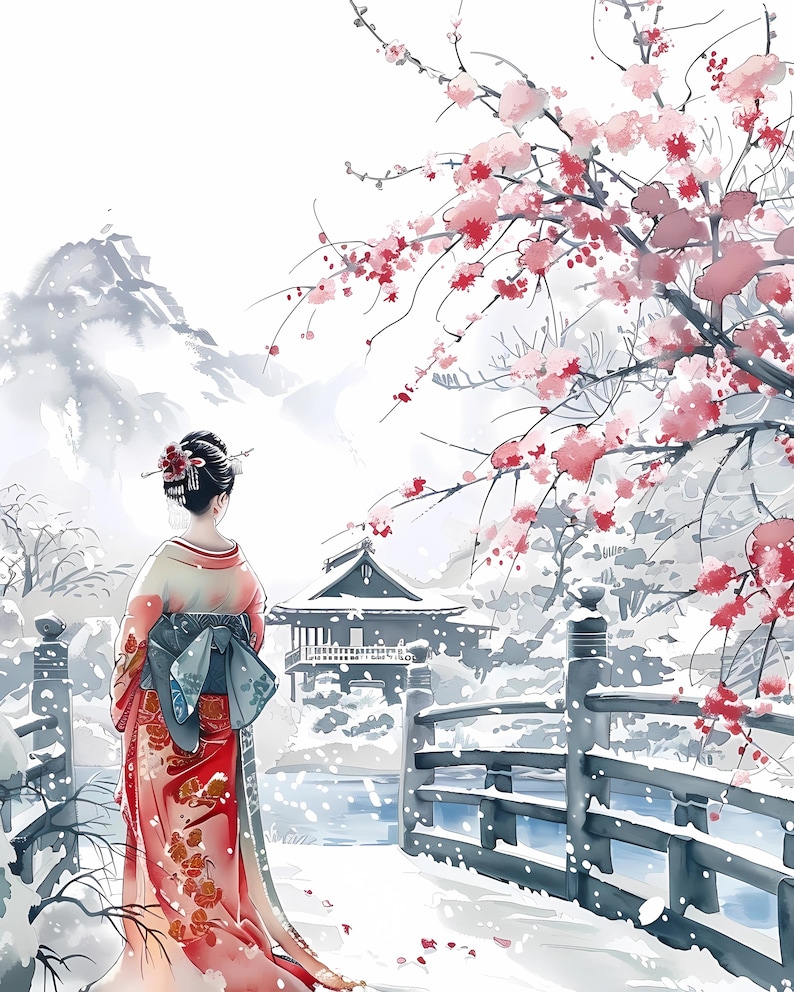 Japanese Geisha Winter Art Prints: Snowy Mount Fuji Landscape (PNG JPG ...