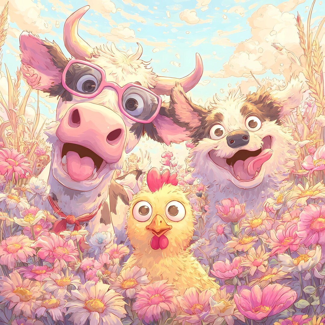 Funny Farm Animal Clipart Bundle: Cow, Dog, Chicken With Flowers (PNG ...