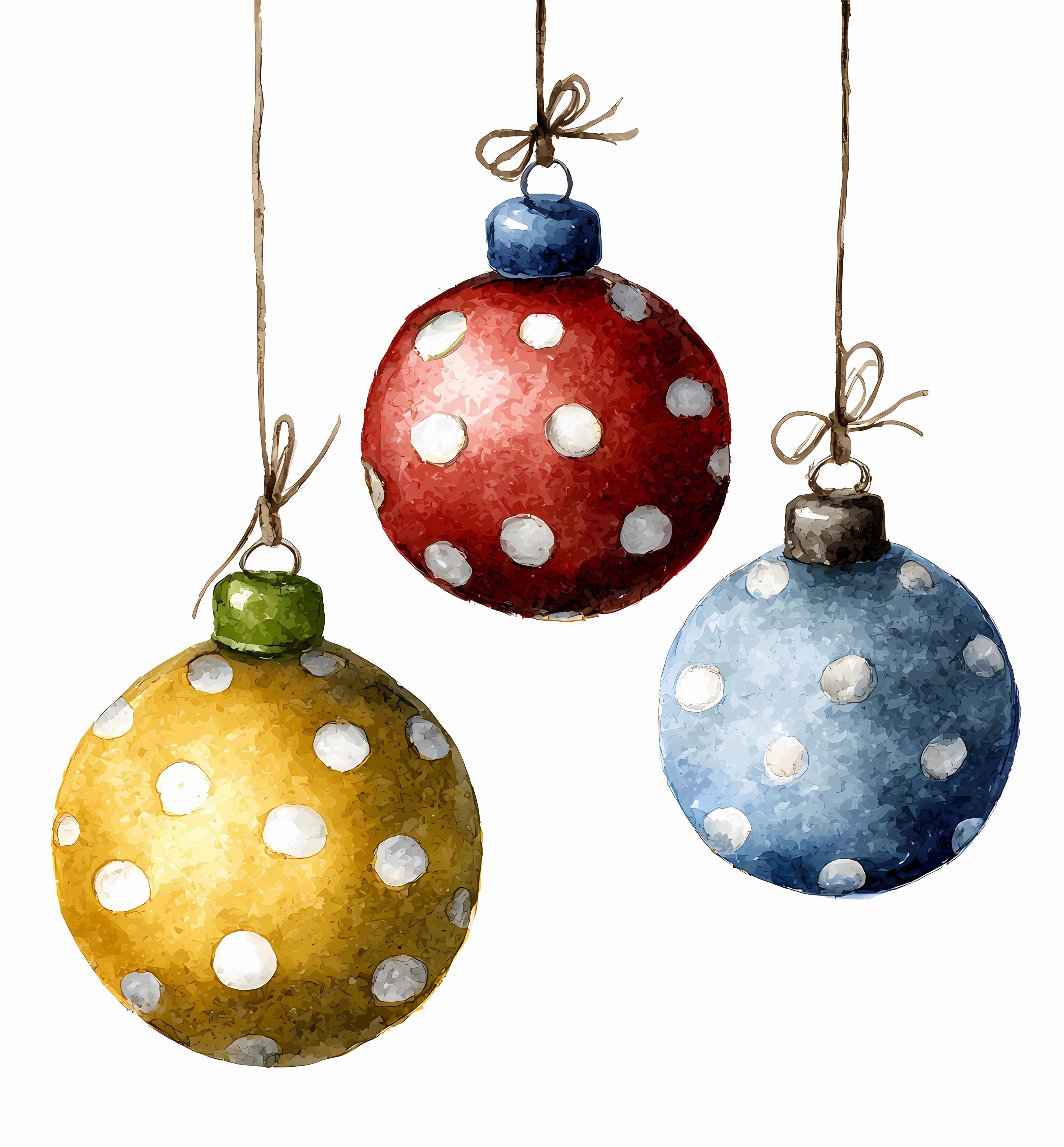 Watercolor Christmas Ornaments Clipart Set of 12, Polka Dot Baubles PNG ...
