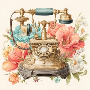 Vintage Telephone and Floral Clipart Bundle Set of 15, Retro Phone ...
