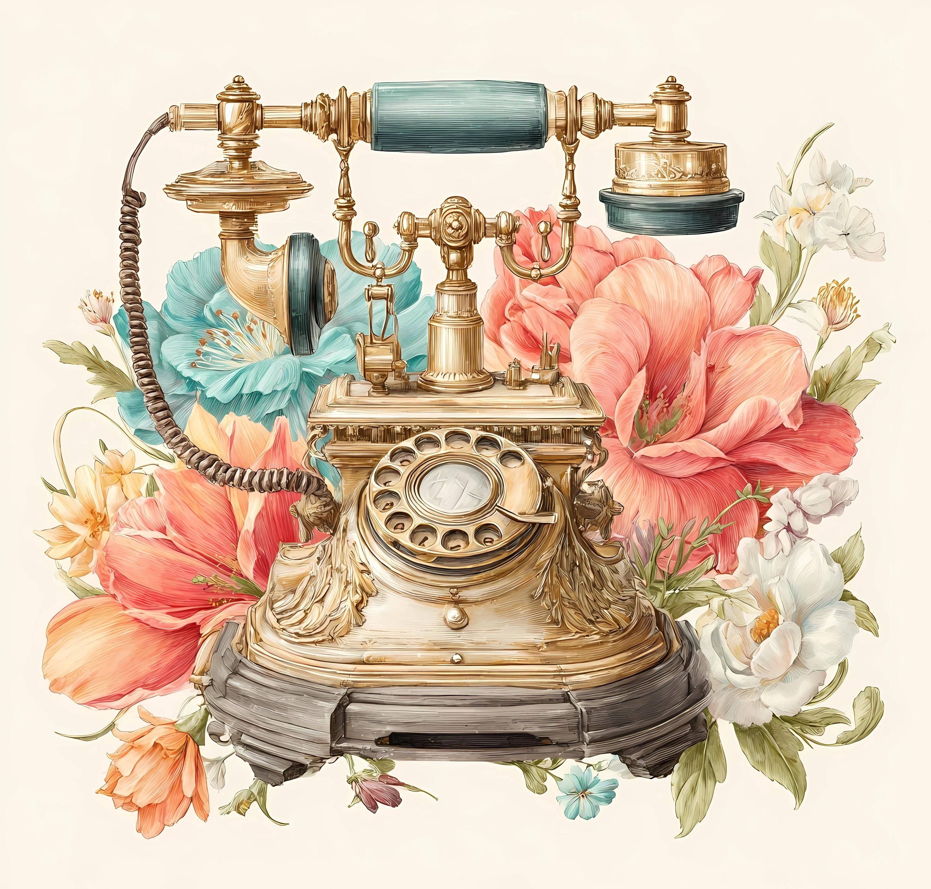 Vintage Telephone and Floral Clipart Bundle Set of 15, Retro Phone ...