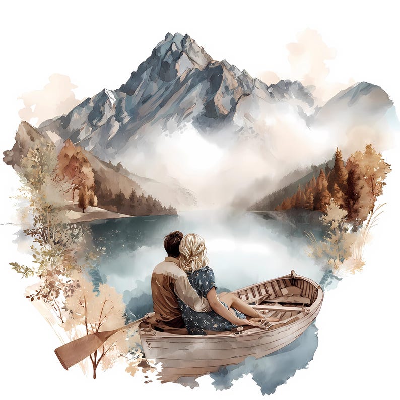 Romantic Couple Boat Lake Watercolor Art Bundle, Digital Download - Etsy