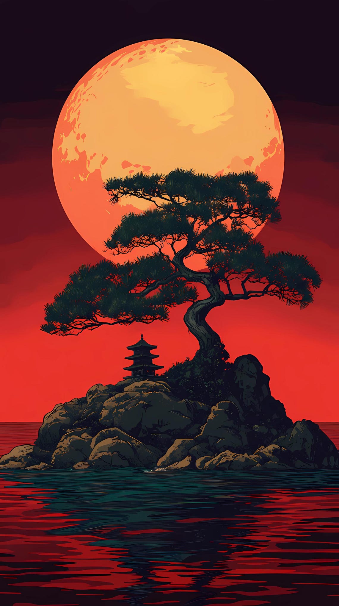 Red Sun Chinese Landscape Clipart: Watercolor Asia Lake PNG Files ...