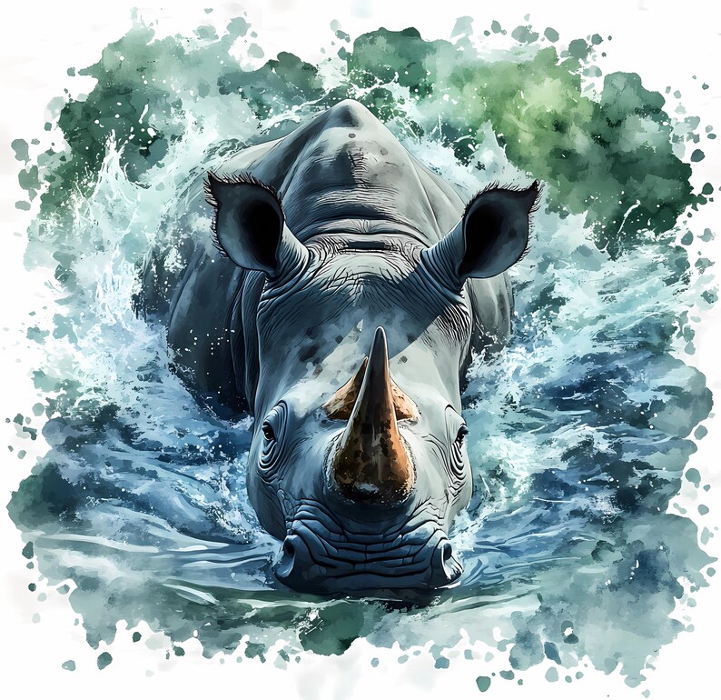Watercolor Rhino Clipart Bundle, Rhinoceros Water Art PNG Set, Safari ...