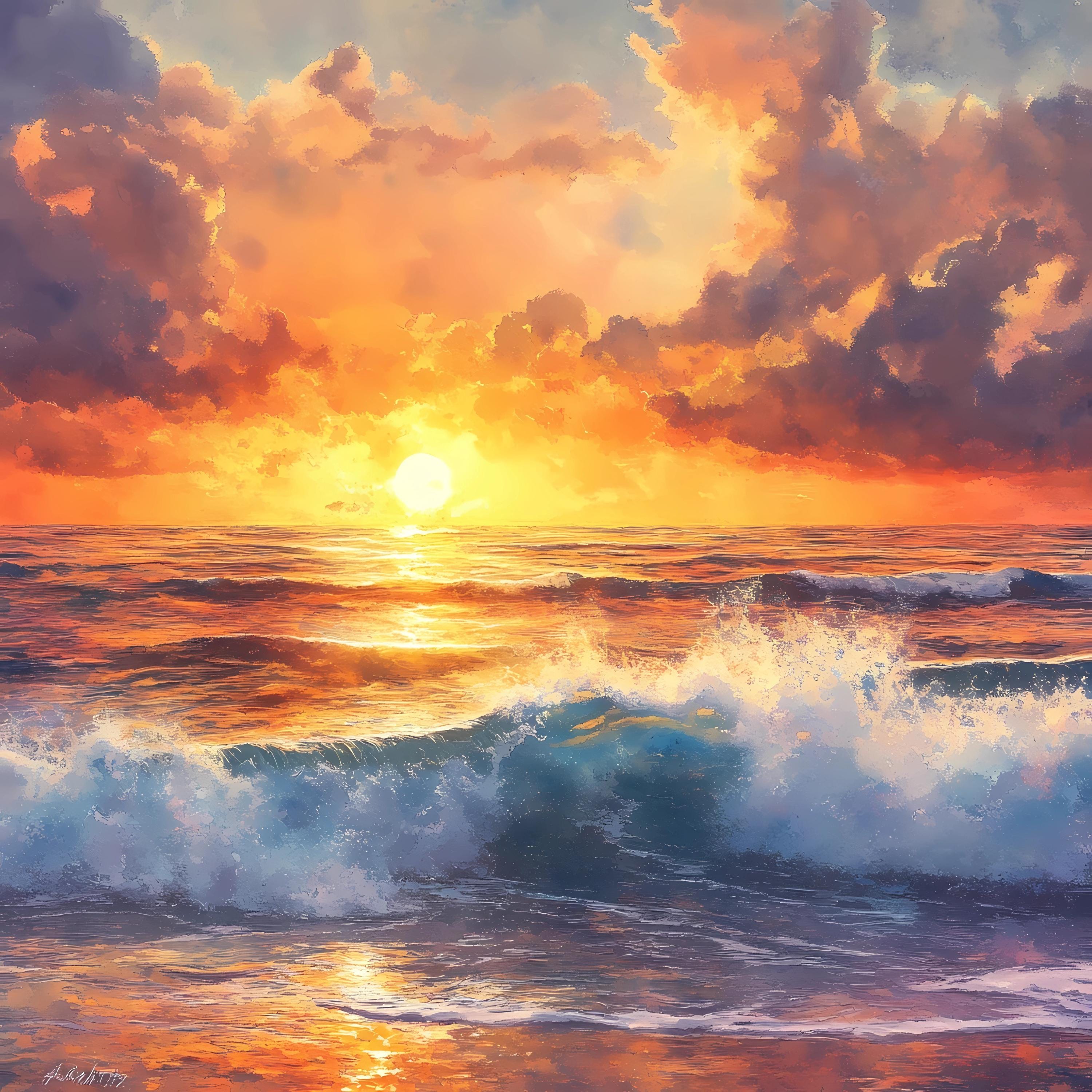 Sunset Ocean Watercolor Painting: Beach Seascape Wall Art, Digital ...