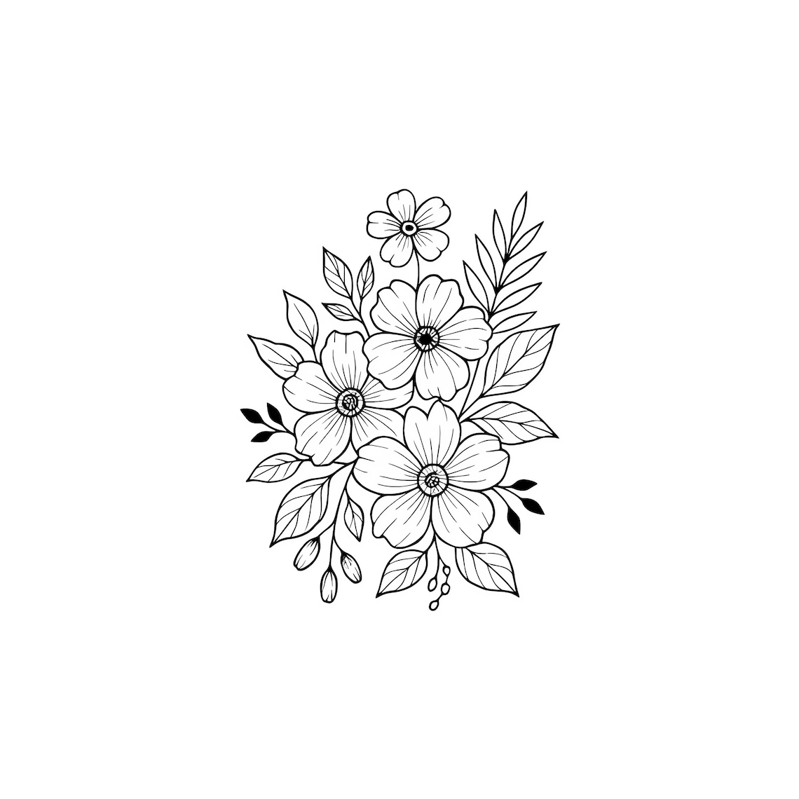 Floral Stem Clipart Bundle: Black and White Flower PNG (digital ...