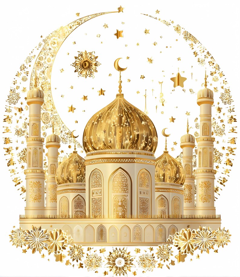 Golden Mosque Eid Clipart Set: Crescent Moon & Floral Decor (PNG JPG ...