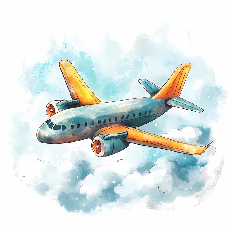 Watercolor Airplane Clipart Set: Vintage Aviation Art (commercial Use ...