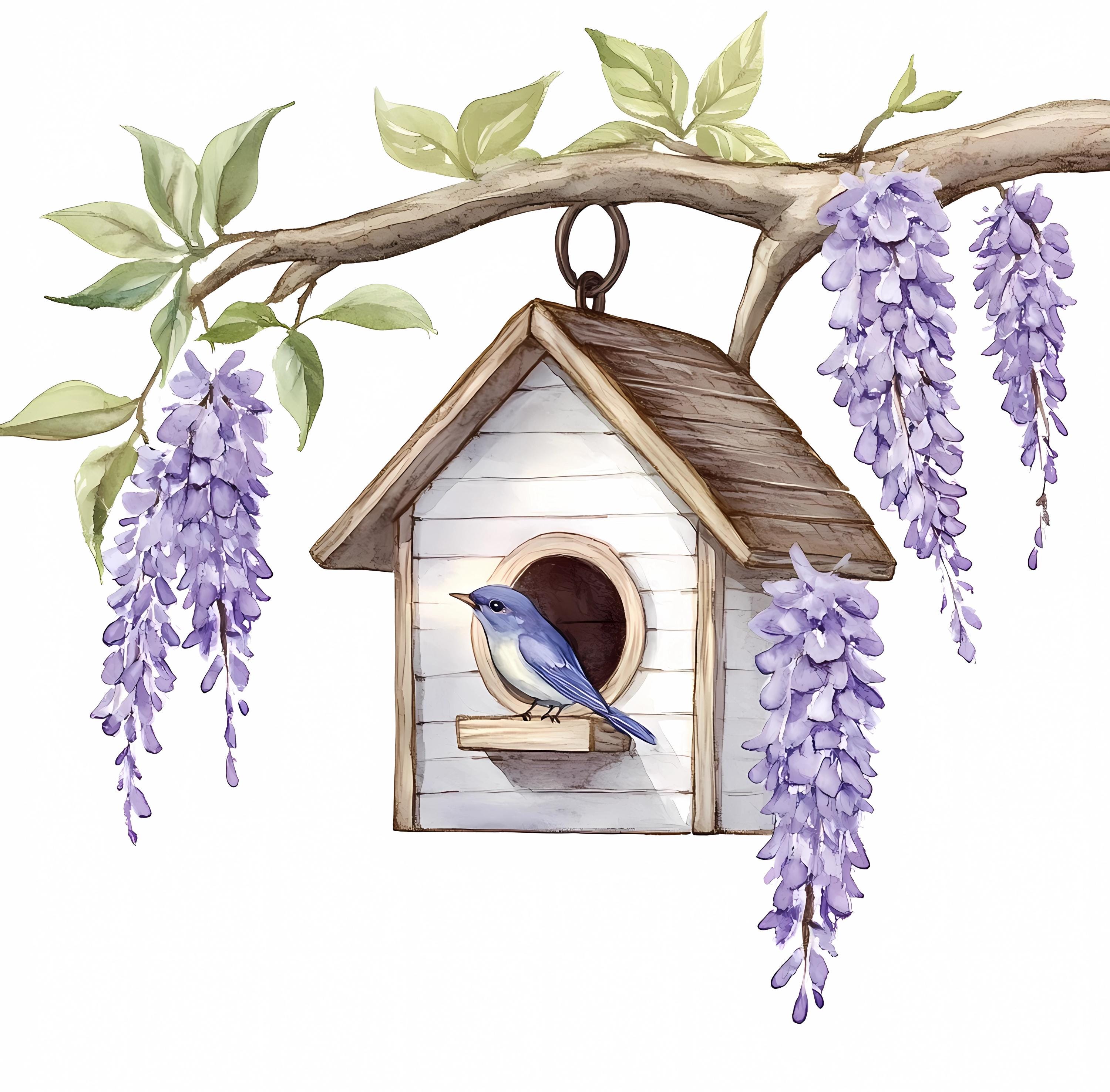 Birdhouse and Wisteria Clipart Bundle, 9 Purple Floral Watercolor PNG ...