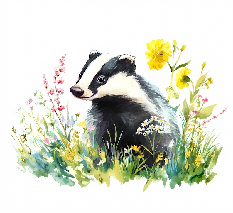 Watercolor Badger Clipart Set: Floral Nursery Art (PNG JPG Digital ...