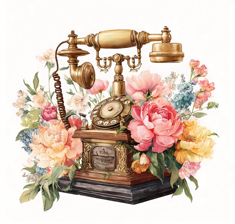 Vintage Telephone and Floral Clipart Bundle Set of 15, Retro Phone ...