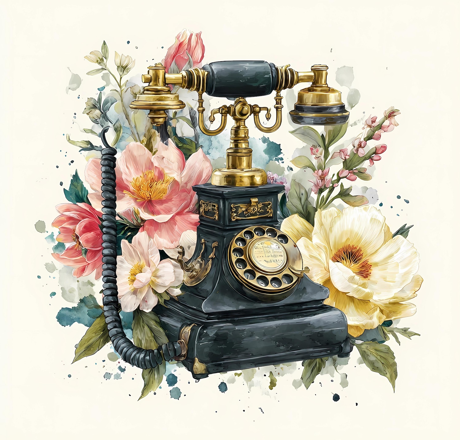 Vintage Telephone and Floral Clipart Bundle Set of 15, Retro Phone ...