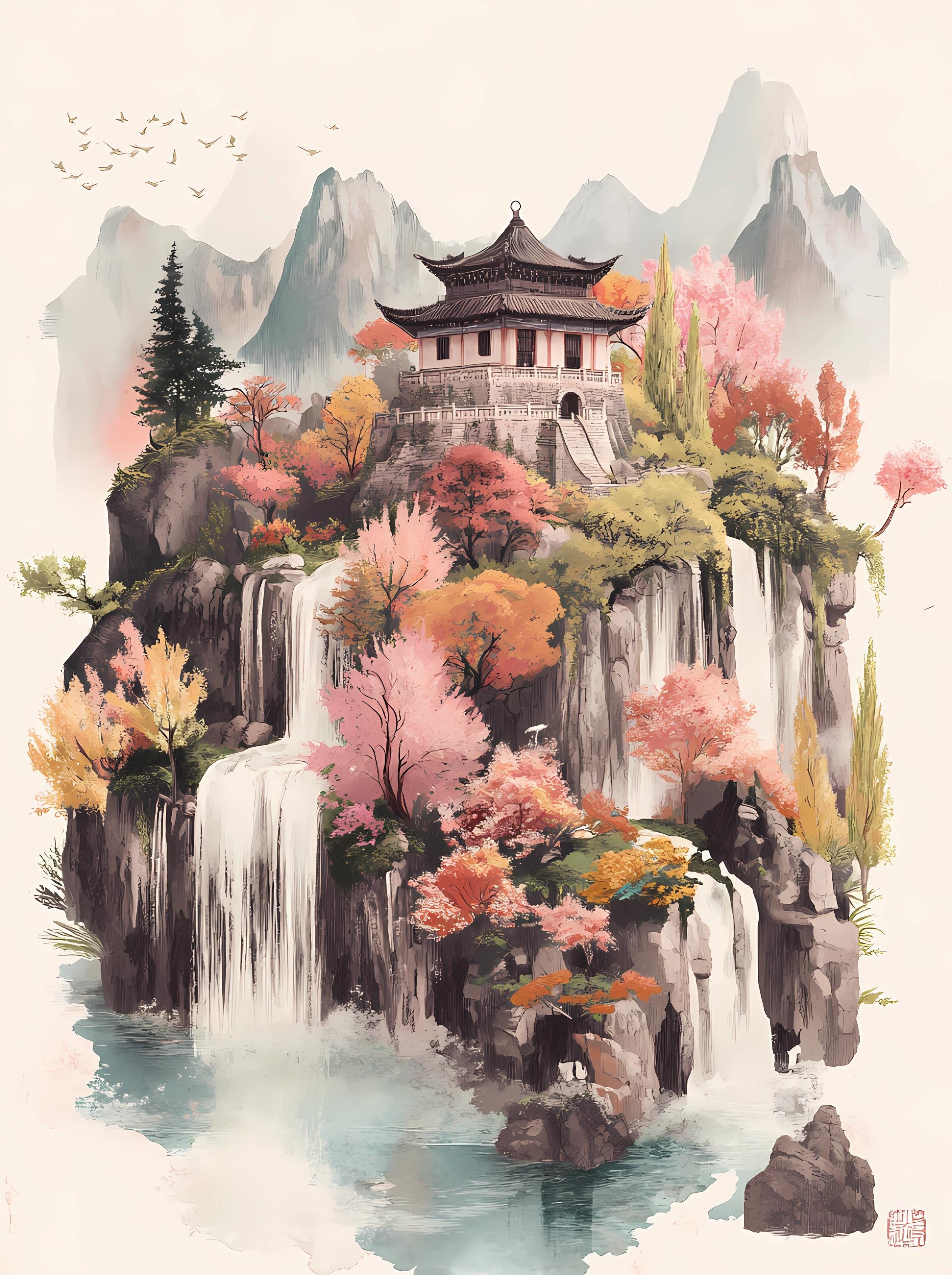 8 Japanese Landscape Clipart, Japanese Clipart, Asia Waterfall Mountain ...