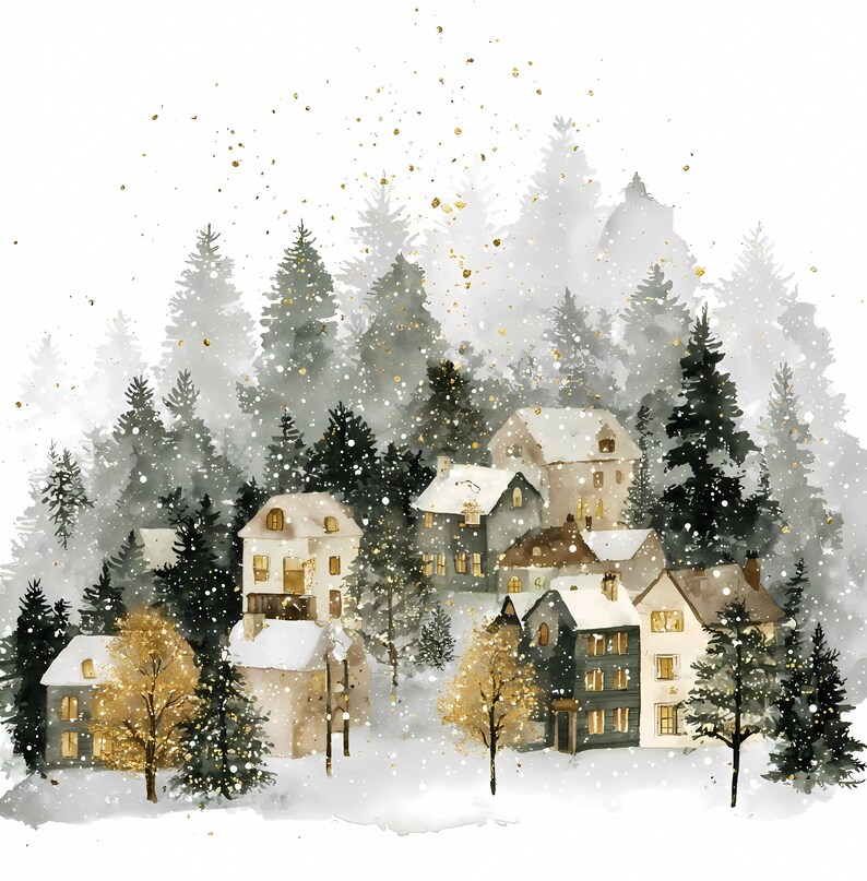 Winter Village Watercolor Print Set, Rustic Snowy Cottages, Nordic ...