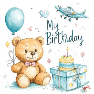 My First Birthday Teddy Bear Clipart Bundle – Blue Baby Bear, Cake ...