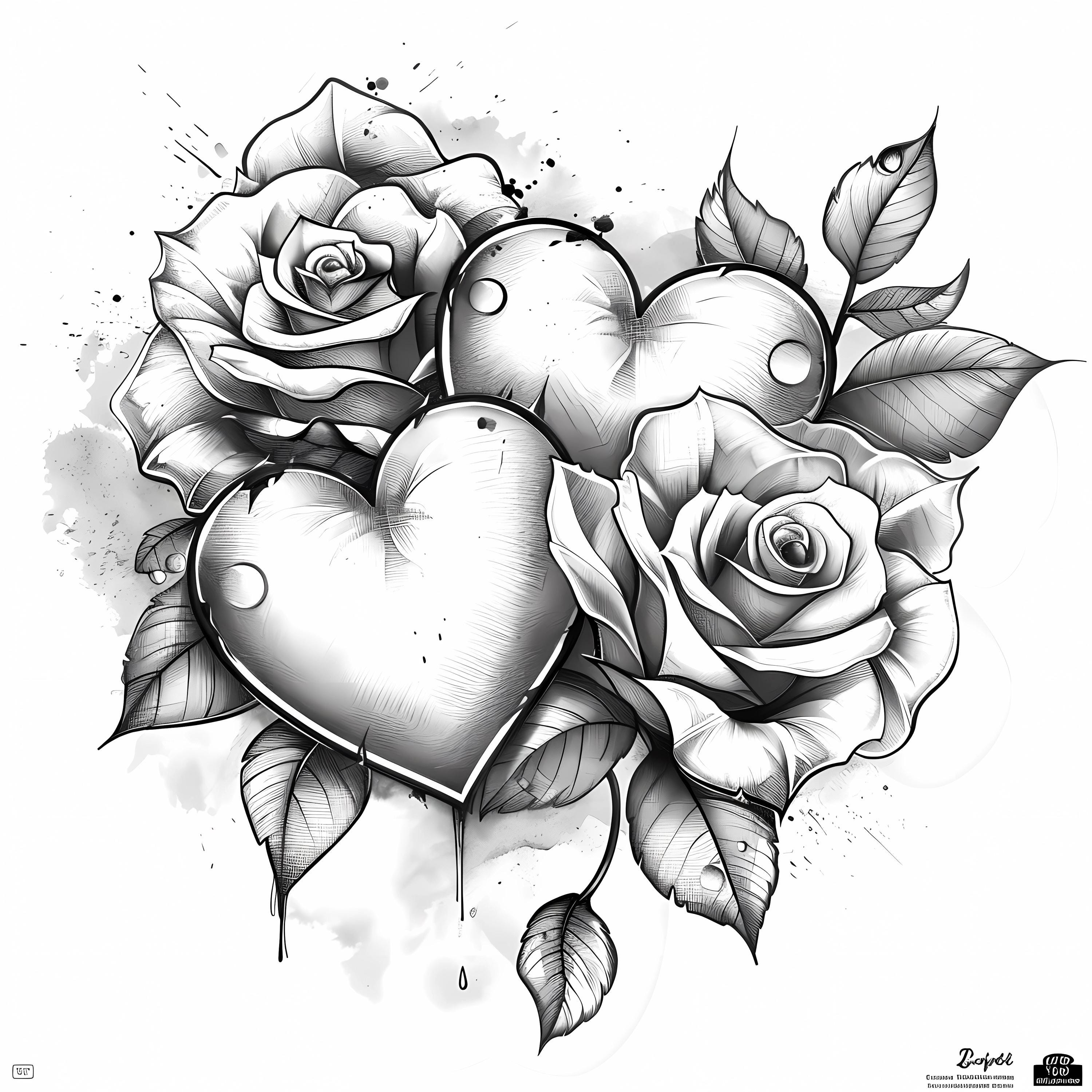 Romantic Heart and Rose Coloring Pages Bundle Set of 10 | Tattoo Style ...
