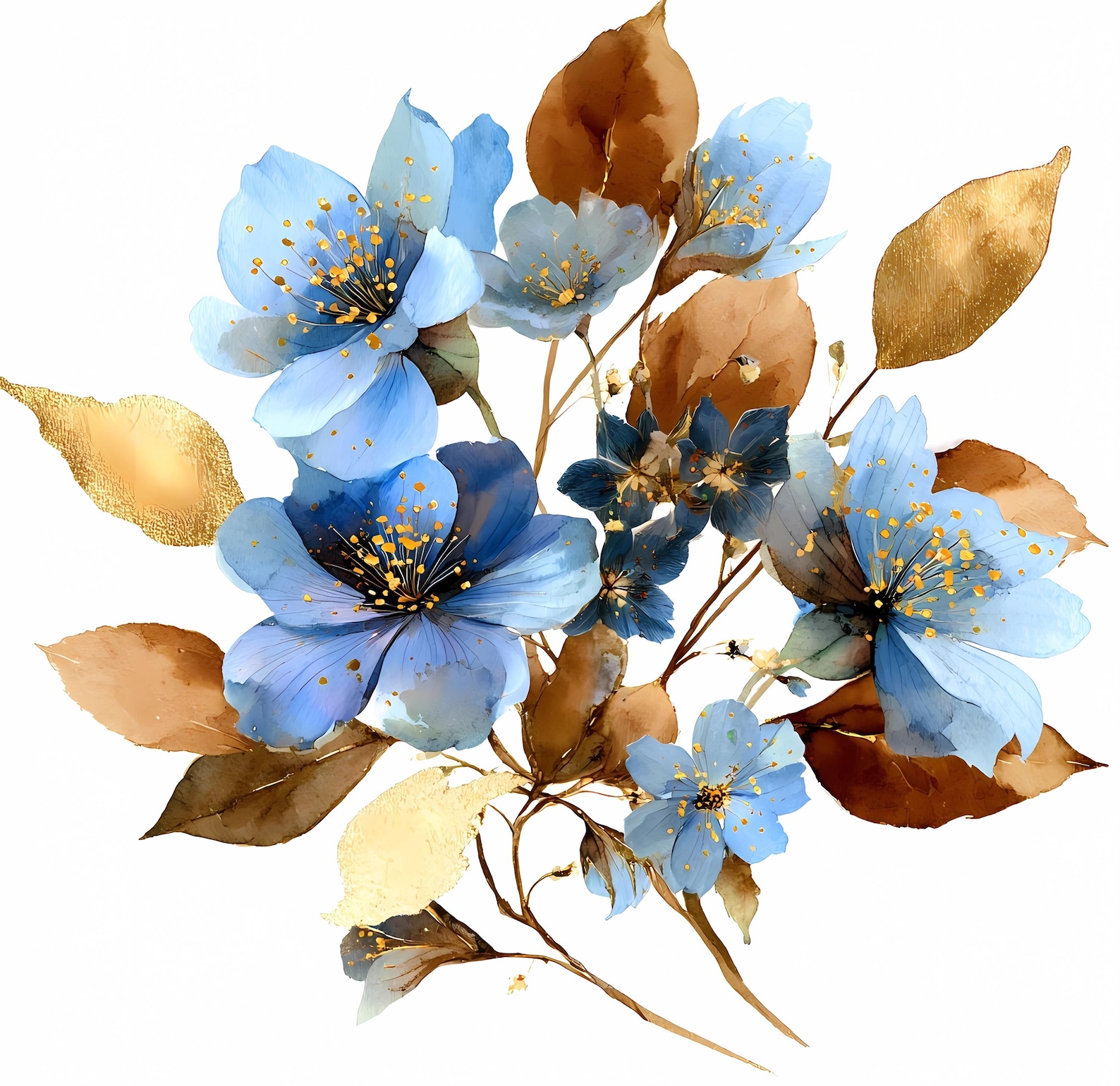 Blue and Gold Watercolor Flowers Clipart: Elegant Floral PNG JPG Bundle ...