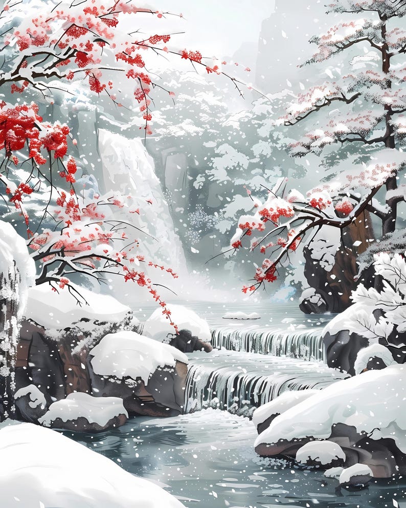 Winter Sakura Waterfall Art: Japanese Cherry Blossom Prints (PNG & JPG ...