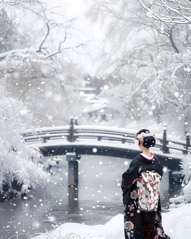 Japanese Geisha Winter Art Prints: Snowy Mount Fuji Landscape (PNG JPG ...