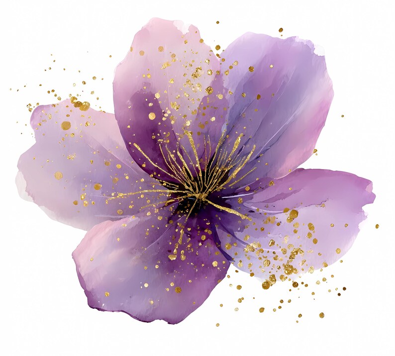 Purple Watercolor Flower Clipart: Gold Glitter Floral PNG JPG Bundle - Etsy