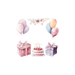 Pastel Birthday Frame Clipart Bundle Set of 14, Balloons, Flowers and ...