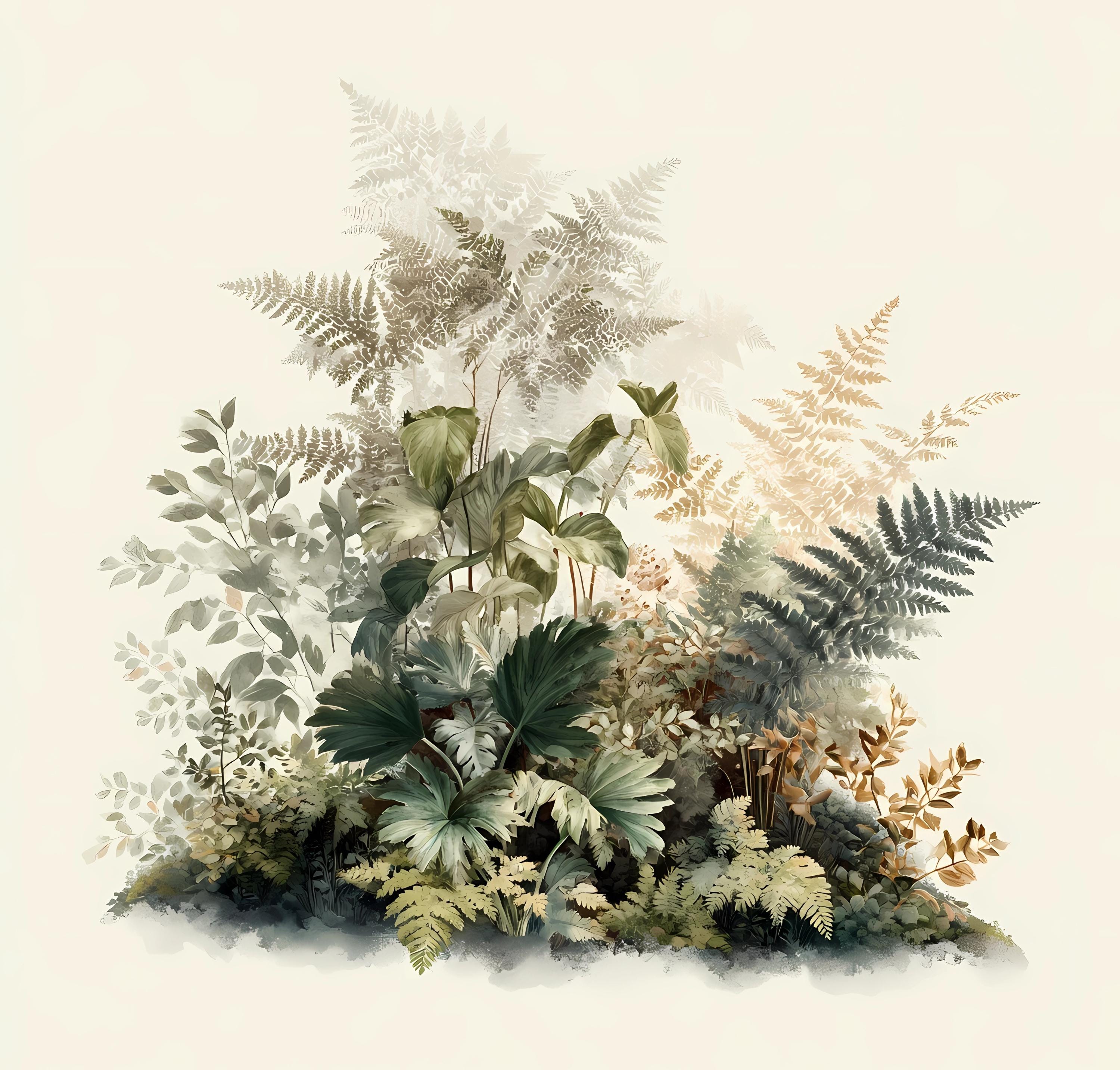 Watercolor Green Botanical Print Set, Ferns, Jungle Foliage (digital ...