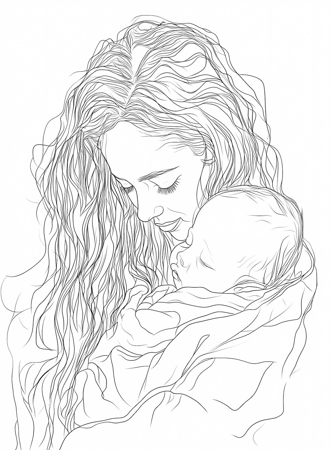 Mother and Baby Line Art Bundle – 8 Printable Mom Holding Baby Outlines ...