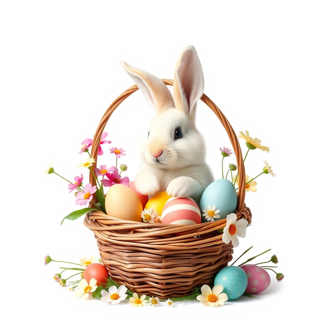 8 Easter Bunny Clipart Png Jpg, Bunny in Basket With Spring Flowers ...