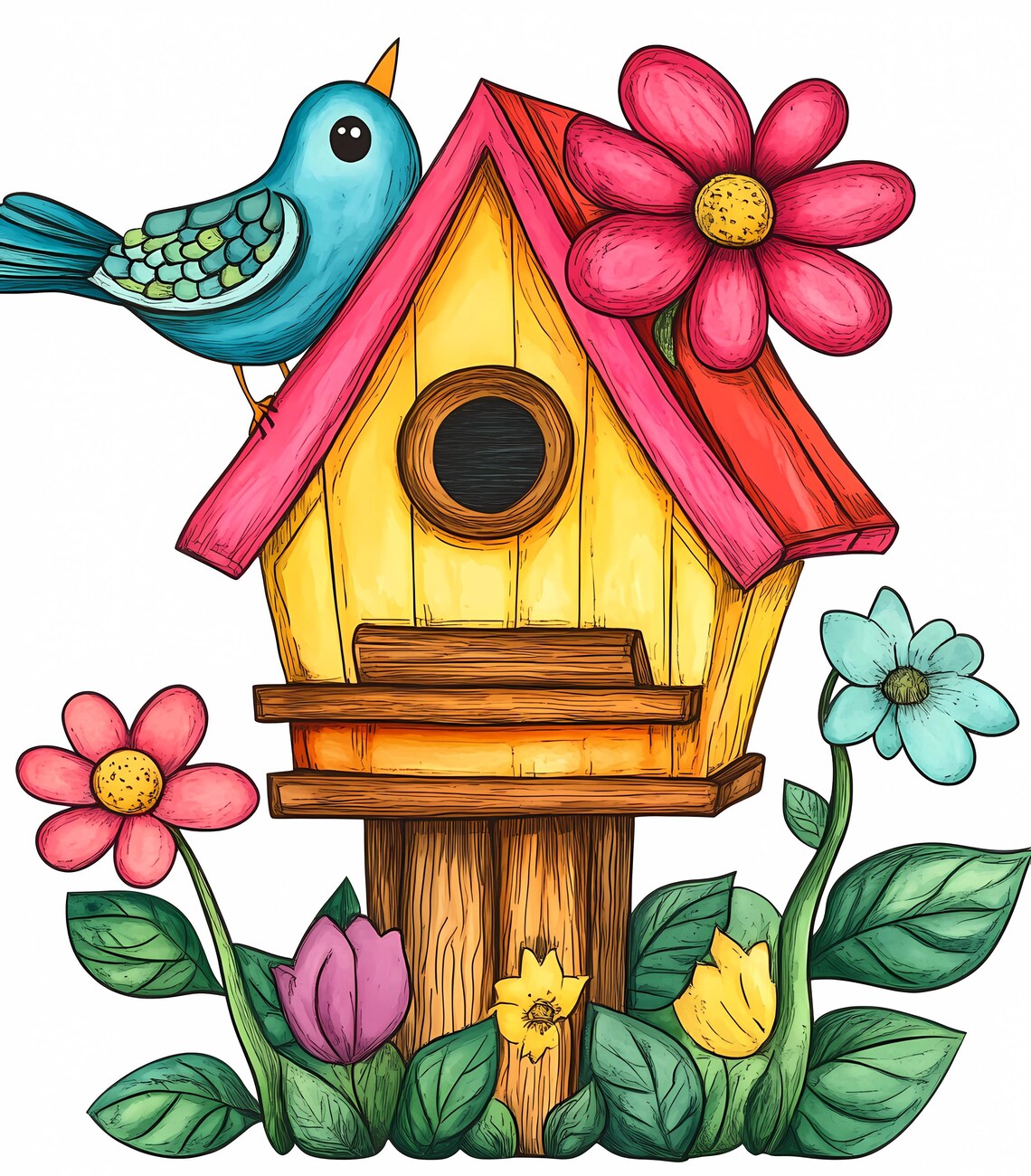 8 Cartoon Easter Bird House Clipart Bundle, Spring Floral Birdhouse PNG ...