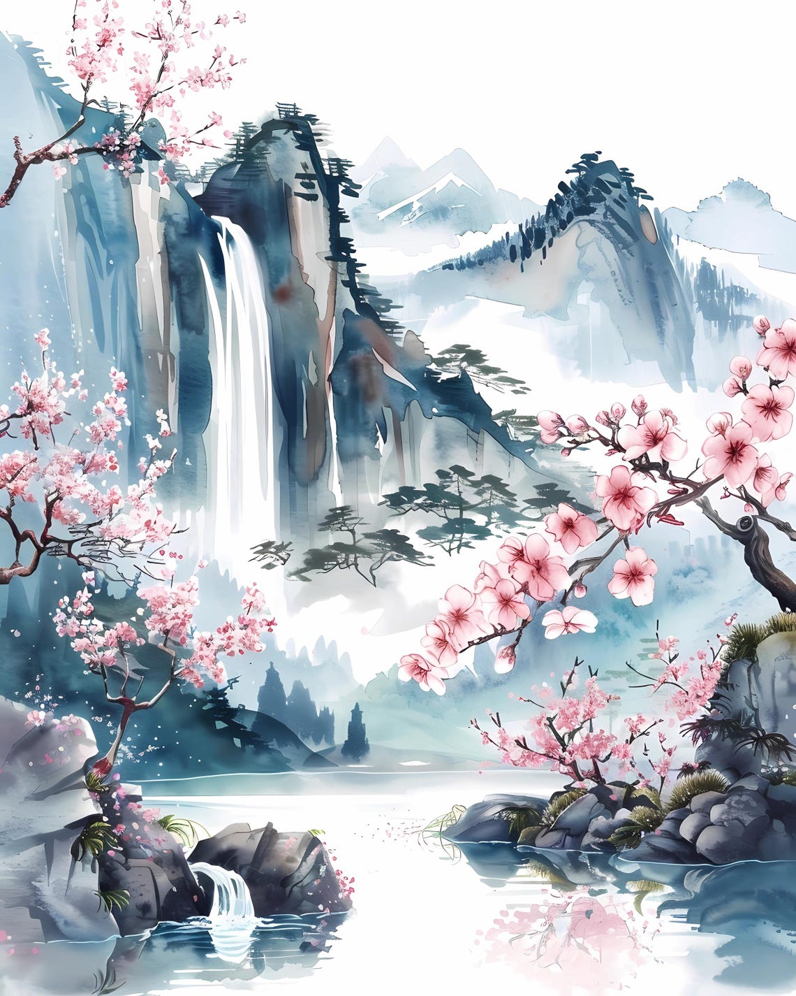 Winter Sakura Waterfall Art: Japanese Cherry Blossom Prints (PNG & JPG ...