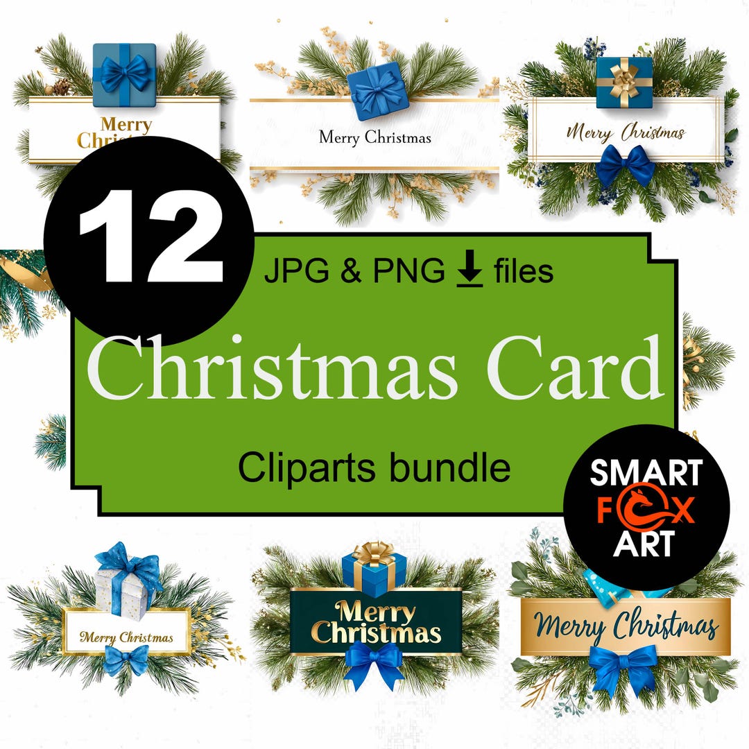 Blue Gold Christmas Card Clipart Bundle, Holiday PNG JPG Set - Etsy