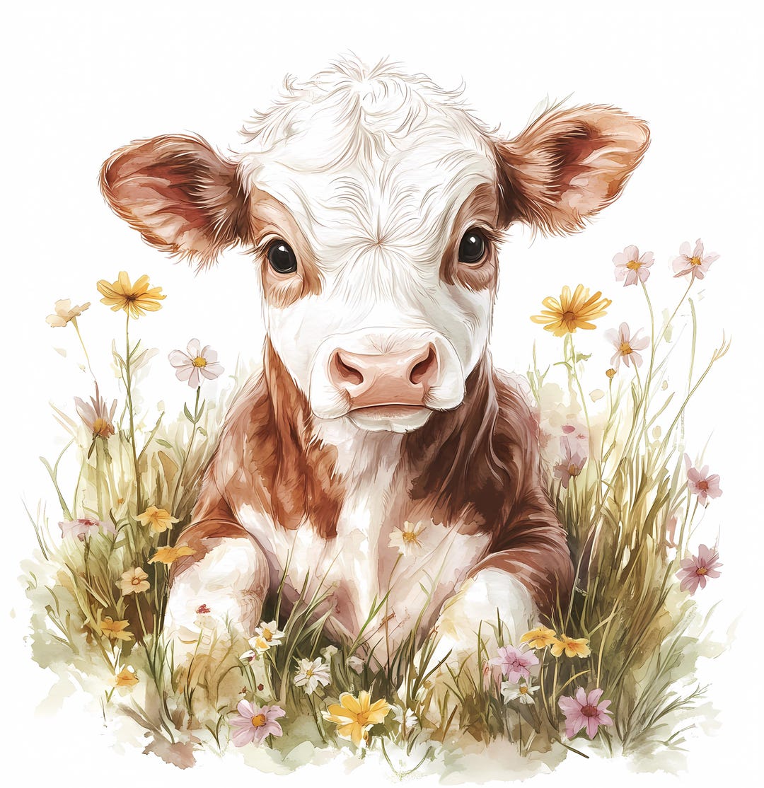 Baby Cow Watercolor Clipart: Farm Animal PNG Images, Digital Download ...