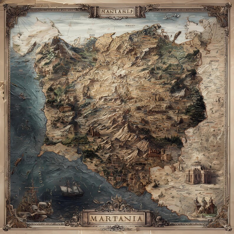 Vintage Fantasy World Map Cartography Illustration Bundle, Digital ...