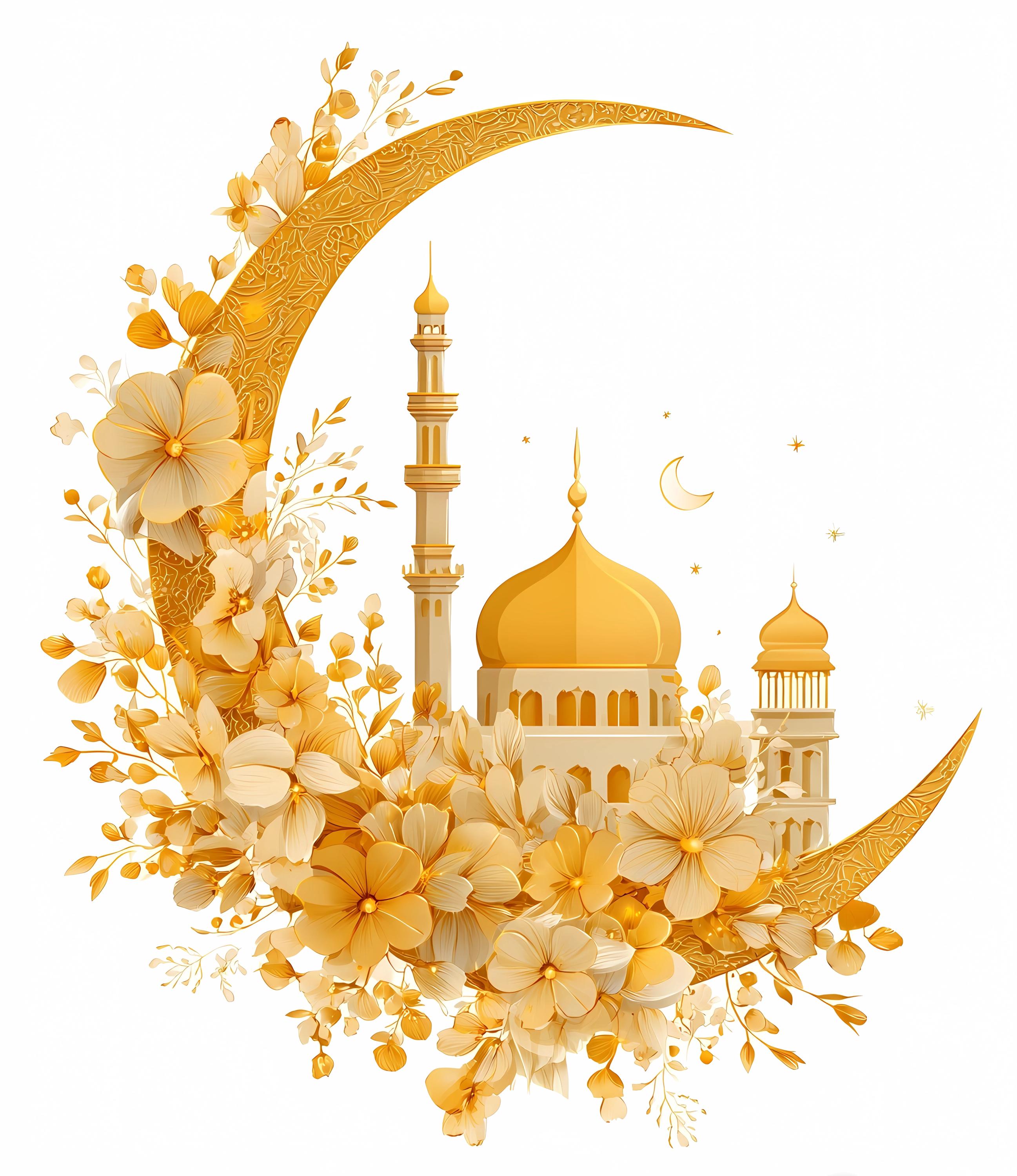 Golden Mosque Eid Clipart Set: Crescent Moon & Floral Decor (PNG JPG ...