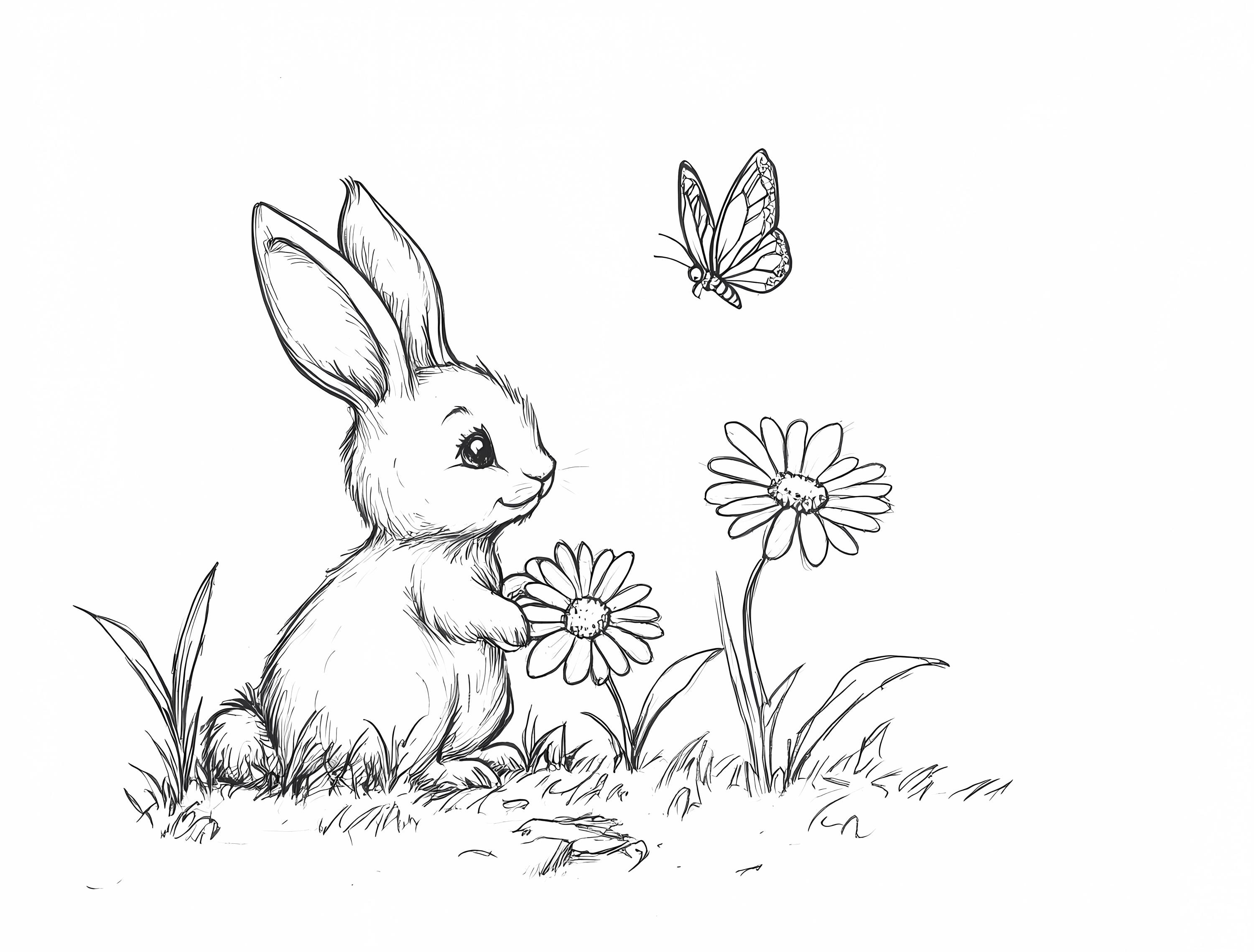 Bunny Rabbit Coloring Pages: Spring Flowers, Easter Pngs (digital ...