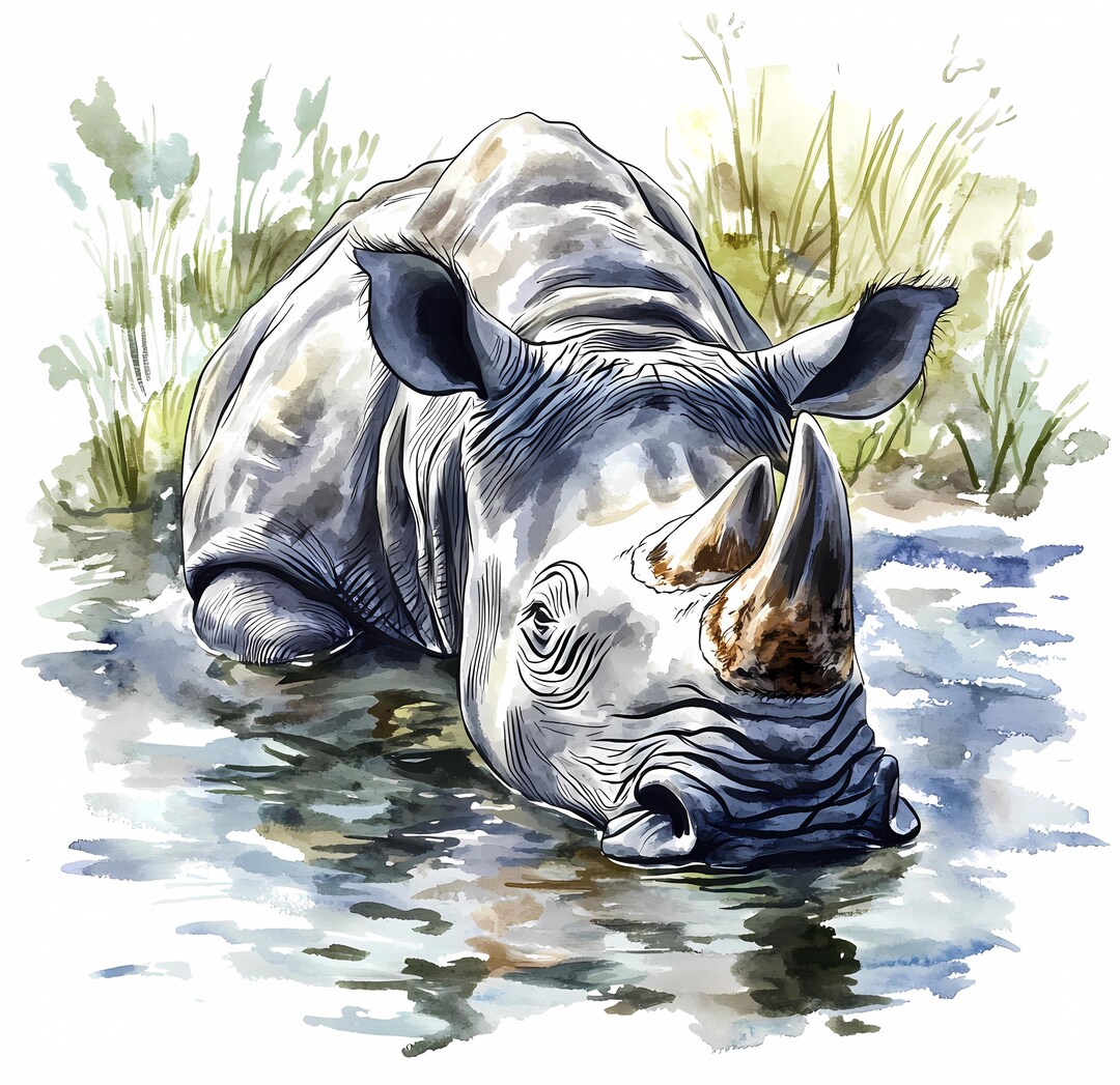 Watercolor Rhino Clipart Bundle, Rhinoceros in Water, Digital Download ...