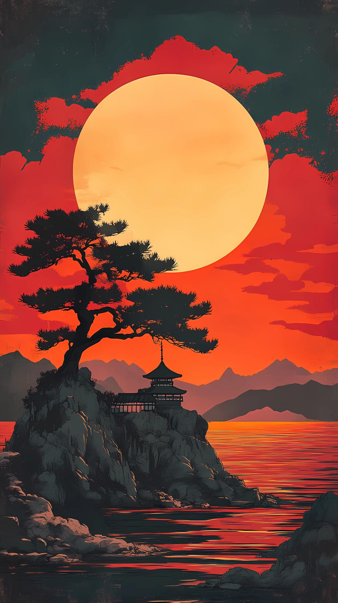 8 Abstract Red Sun Chinese Landscape Clipart, Watercolor Asia Lake ...