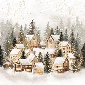 Winter Village Watercolor Print Set, Rustic Snowy Cottages, Nordic ...