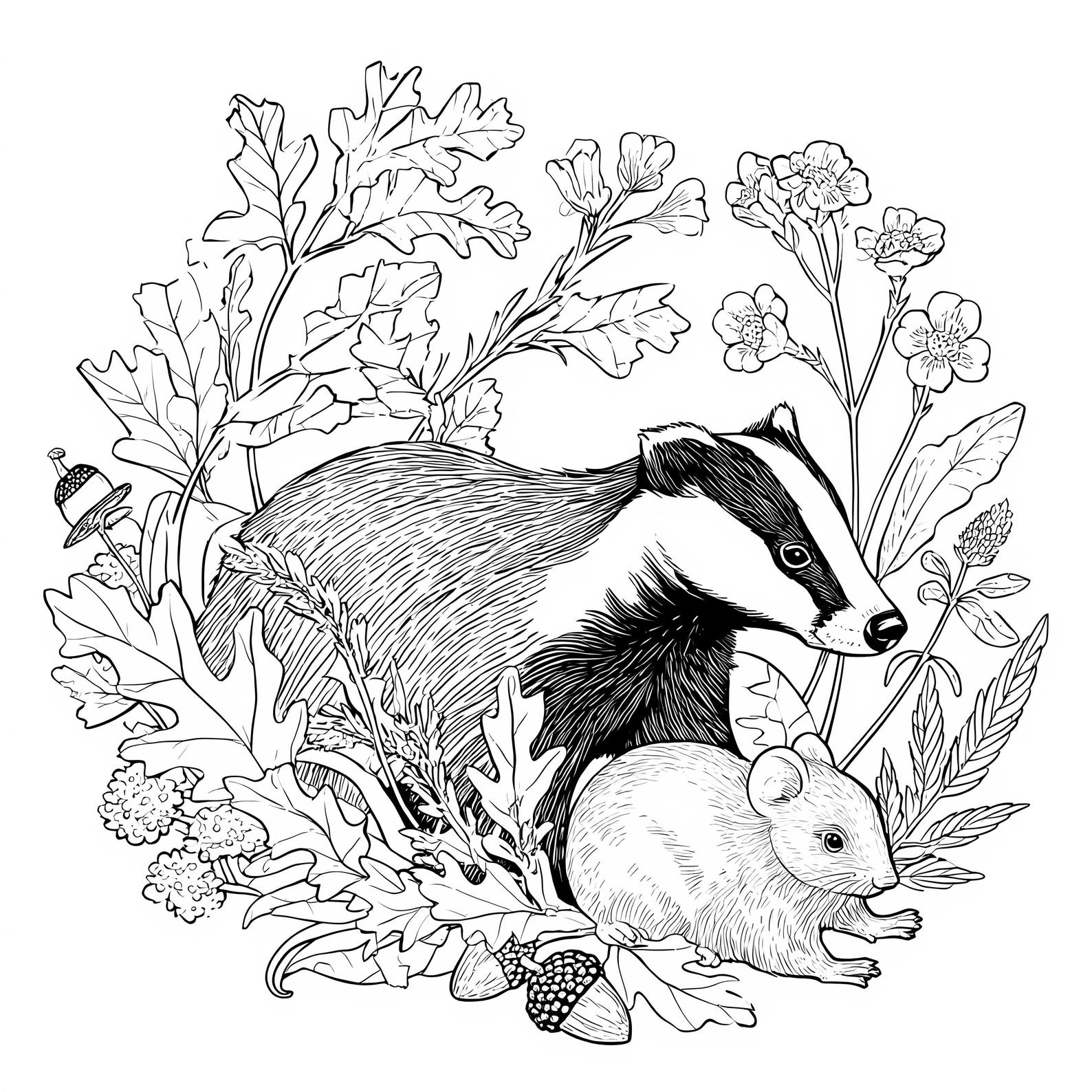 Woodland Badger and Mouse Coloring Page Bundle, Digital Download - Etsy