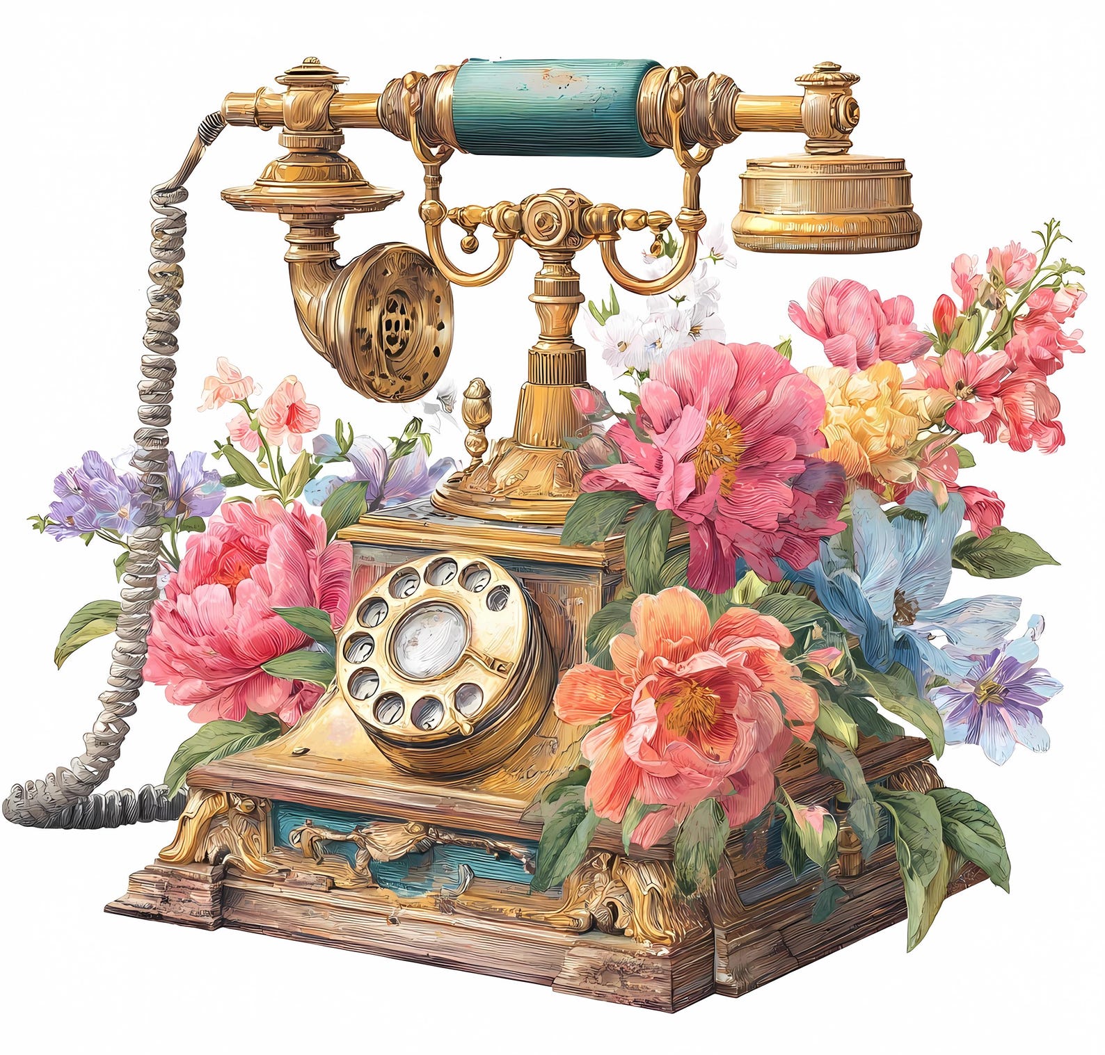Vintage Telephone and Floral Clipart Bundle Set of 15, Retro Phone ...