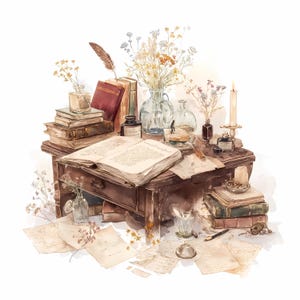 Romantic Writing Desk Watercolor Art Bundle Set of 17, Vintage Floral ...