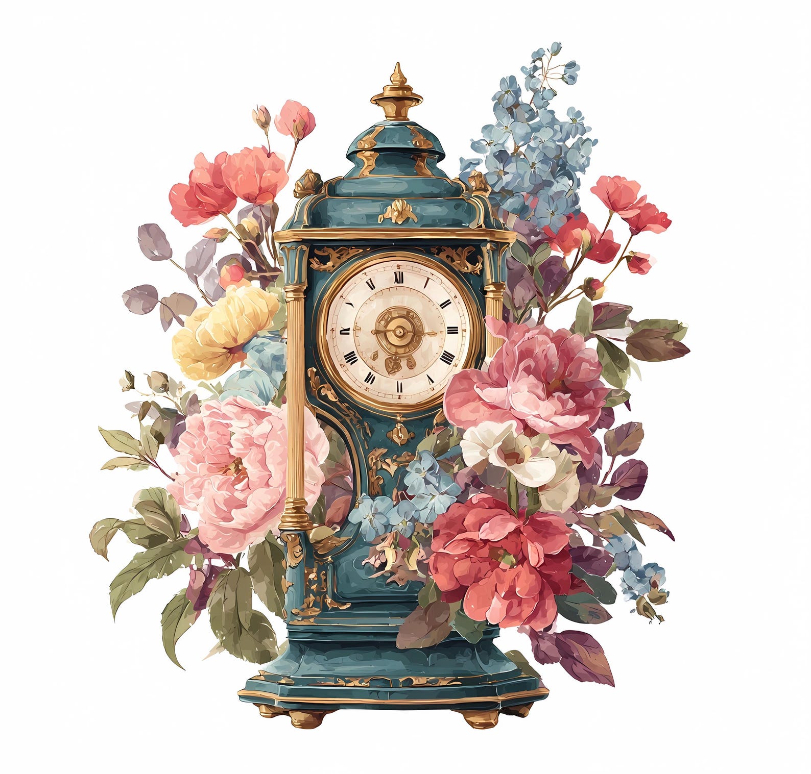 Vintage Floral Clock Wall Art Bundle Set of 12, Romantic Botanical ...