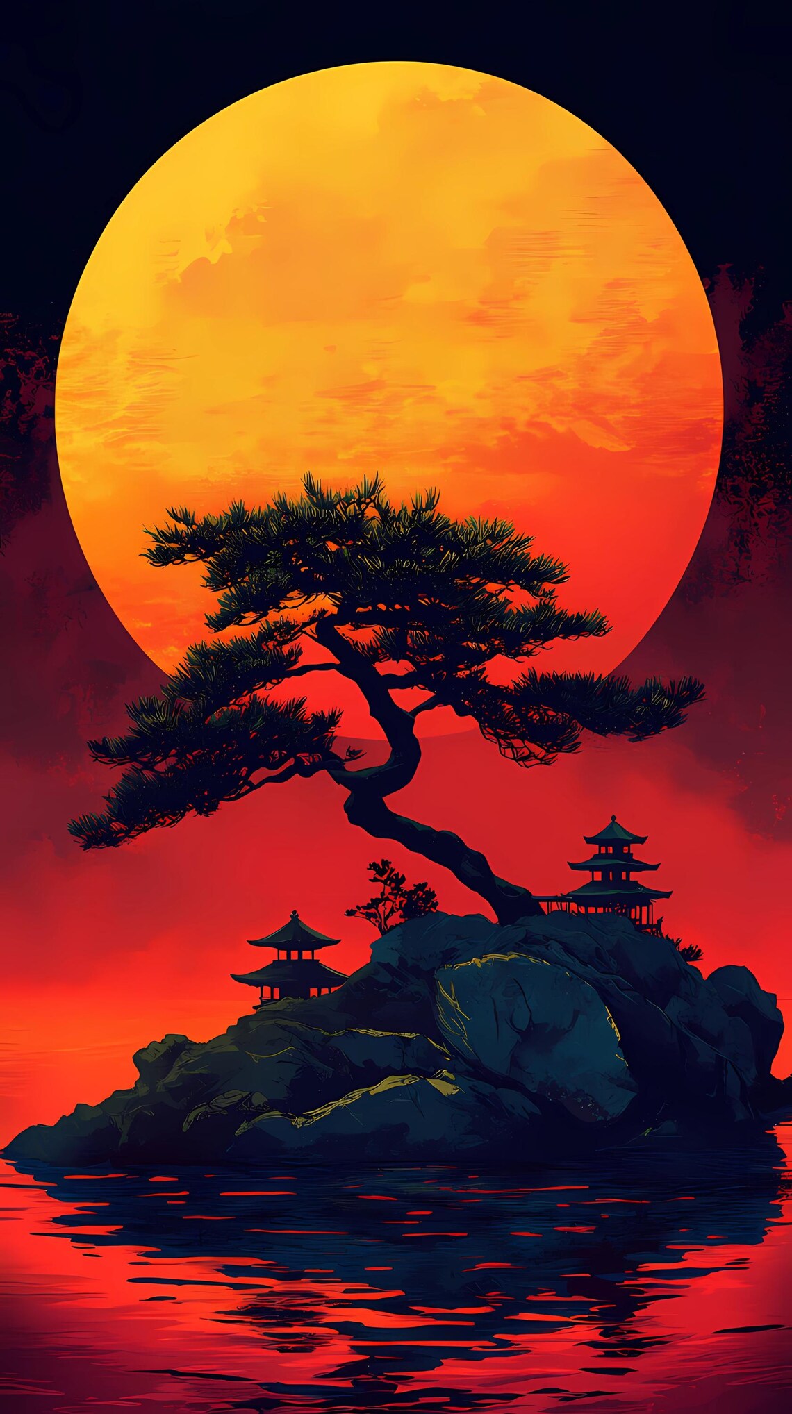 Red Sun Chinese Landscape Clipart: Watercolor Asia Lake PNG Files ...