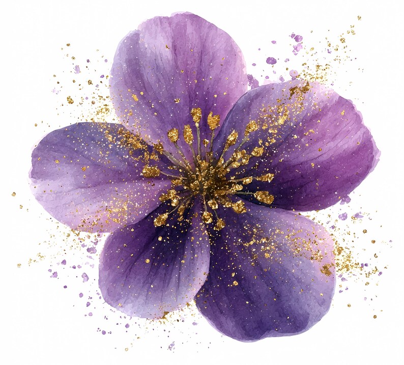 Purple Watercolor Flower Clipart: Gold Glitter Floral PNG JPG Bundle - Etsy